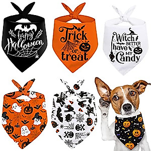 Whaline 6 Pack Halloween Dog Bandana Orange Black White Triangle Pet Bibs Scarf Happy Halloween Trick or Treat Pumpkin Ghost Skeleton Pet Bandana Set for Dogs Cats Costume Accessories Decoration