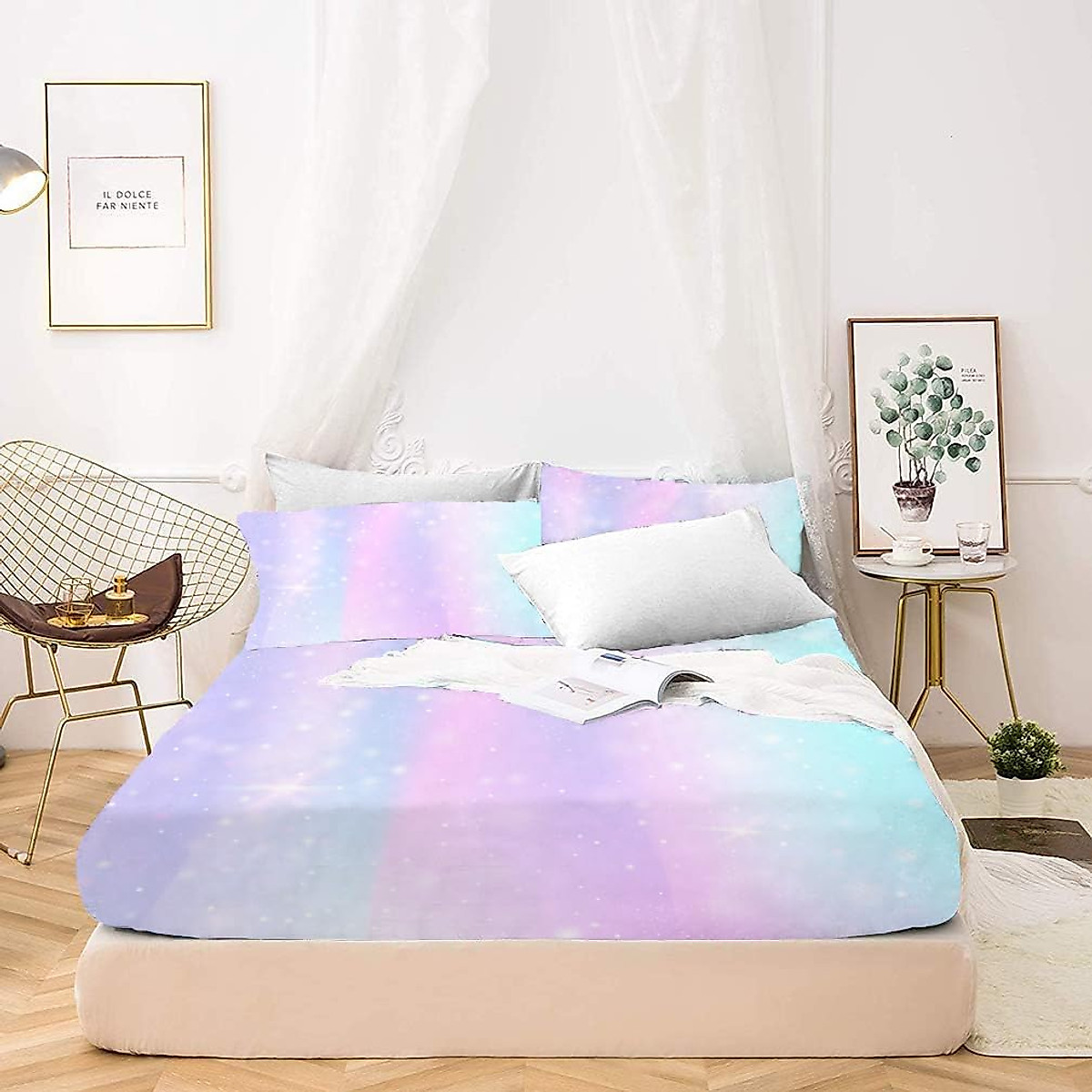 MUSOLEI Colorful Girls Fitted Sheet Set Rainbow sheets, 3D Rainbow Twin Bedding Set girl bed sheets 2PCS Boho 1 Fitted Sheet with 2 Pillowcases Wrinkle Free Cozy Microfiber Twin sheets for girls(full)