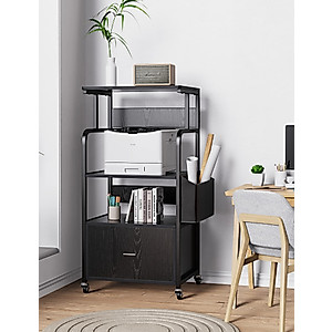 Bealife 3 Tier Home Office Printer Stand with Drawer,Side Canvas Bag, Metal Hook, Tall Mobile Printer Rack Cart with Ample Storage Space, Durable Lockable Casters, Multifunctional in Use - Black