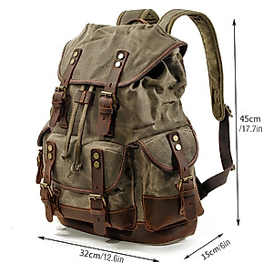 liuwei Vintage Travel Backpack for Men, Genuine Leather-Waxed Canvas Hiking Rucksack,Large capacity Waterproof Daypacks,Gray