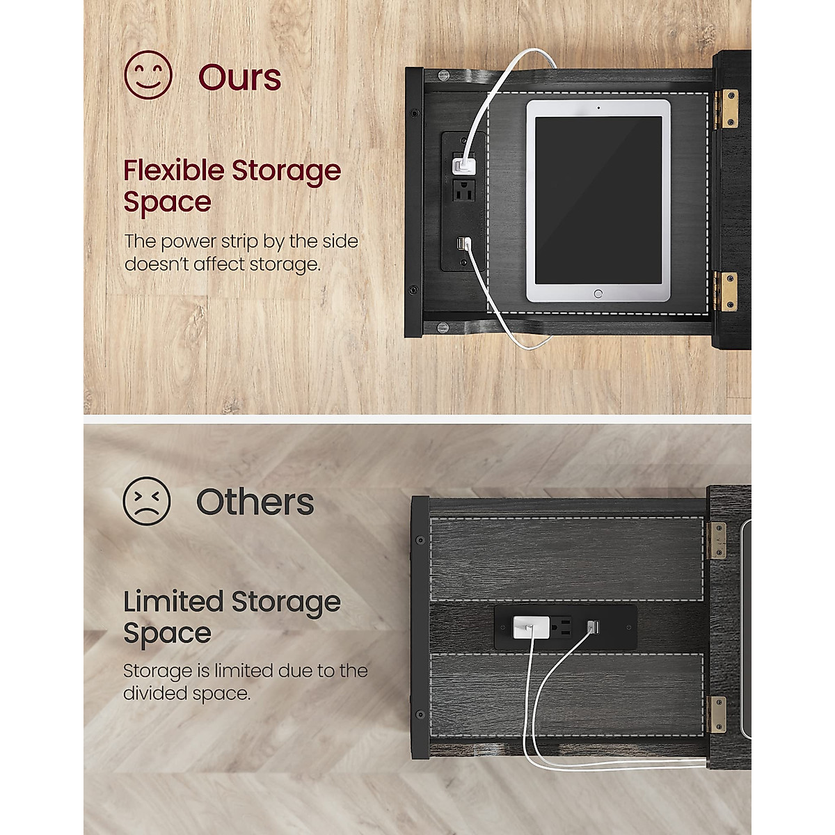 VASAGLE Side Table with Storage, End Table with USB Ports and Outlets, Nightstand with Charging Station, Fabric Bags, for Living Room, Bedroom, Ebonized Oak Finish and Black ULET310B42