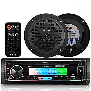 Pyle Bluetooth Marine Receiver Stereo & Speaker Kit 300W Single DIN Boat Marine Head Unit l LCD, Mic, Hands-Free Calling, AUX, MP3/USB/SD, AM/FM Radio, Remote - PLMRK47BK (Black)