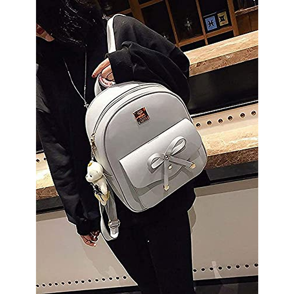Girls 3-Pieces Fahsion Bowknot Leather Backpack with Bear Pendant Mini Backpack Purse for Women Teen Girls (Gray)