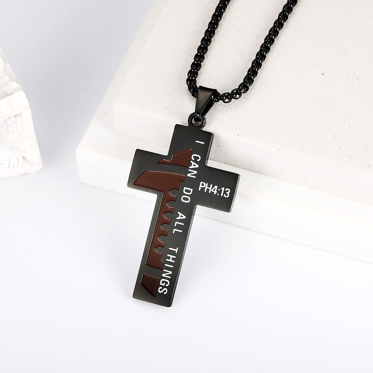 Susook Football Cross Necklace for Men Bible Verse I CAN DO All Things Stainless Steel Sport Pendant for Men(Black)