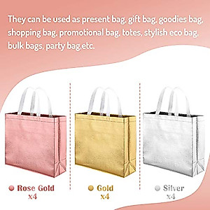 Whaline Set of 12 Glossy Reusable Grocery Bag, Tote Bag with Handle, Non-woven Stylish Gift Bag, Goodies Bag, Shopping Promotional Bag, for Holiday Party,Event,Birthday (Rose gold, Gold, Silver)