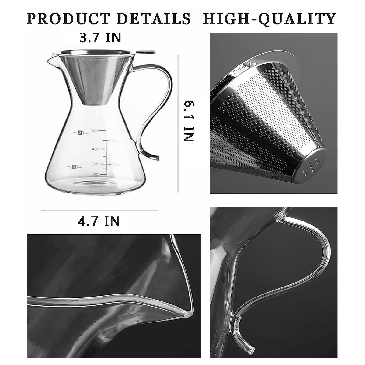 COFISUKI Pour Over Coffee Maker - Elegant Drip Coffee Maker with Reusable Stainless Steel Filter/Dripper, Lead-Free Borosilicate Glass Coffee Carafe for 1-4Cup (500ml/17oz)