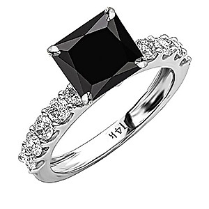 Houston Diamond District 2.9 Carat t.w 14K White Gold Classic Side Stone Prong Set Engagement Ring with a 2 Princess Cut Black Heirloom Quality