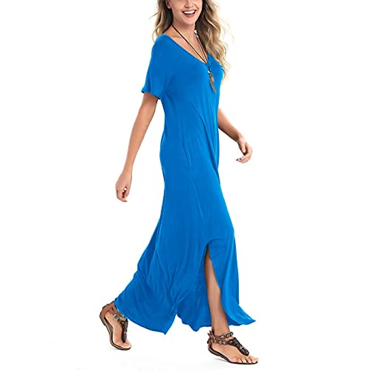 Arolina Women's Summer Maxi Dress Short Sleeve V Neck Casual Loose Long Beach Split Dresses with Pockets Acid Blue