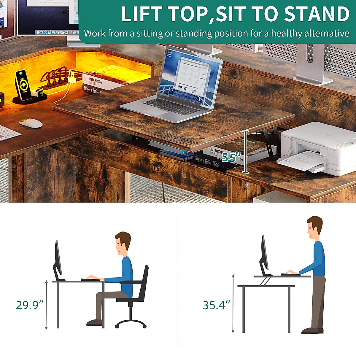 YITAHOME L Shaped Desk with Power Outlets & LED Lights, 60" Corner Computer Desk with Drawers & Lift Top, Home Office Desk with Monitor Stand & File Cabinet, Wood Height Adjustable Desk, Rustic Brown