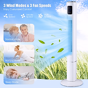 LDAILY 48 Inch Oscillating Tower Fan, Quiet Powerful Bladeless Fan with 3 Speeds, 3 Modes, Remote Control, 15H Timer, LED Display, Floor Standing Household Fan for Bedroom Living Room Office
