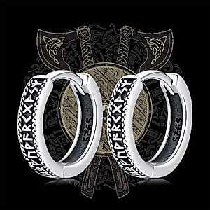 Odinstone Norse Viking Runes Hoop Earrings for Men Women 925 Sterling Silver Hoop Earrings Viking Amulet Vegvisir Talisman Jewelry Gift