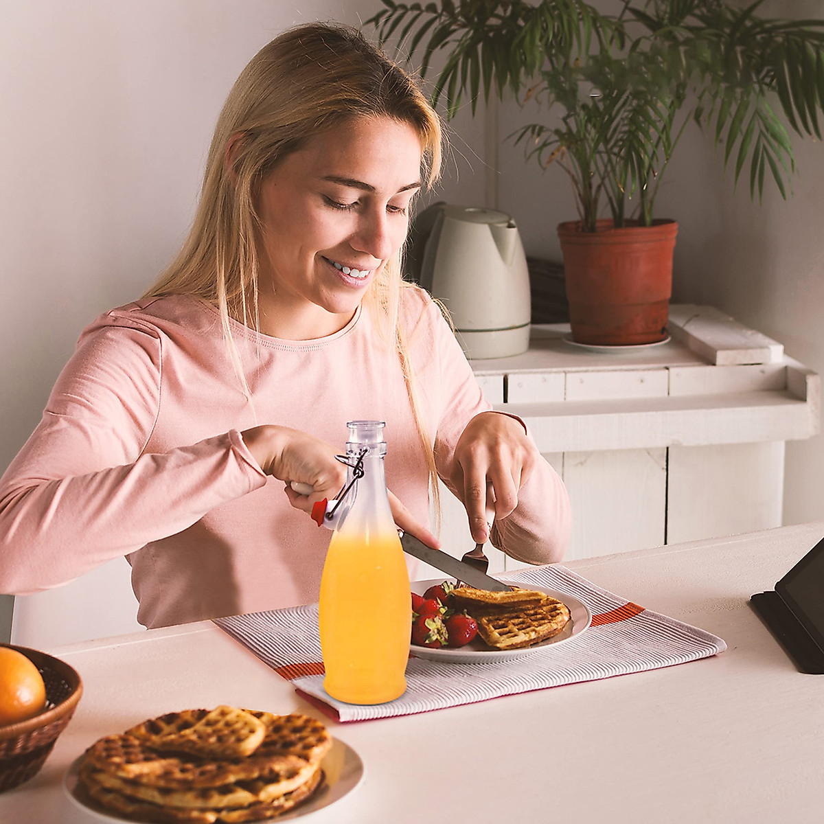 Nevlers Set of 6 | 8.5 Oz. Glass Bottle Set with Swing Top Stoppers and Includes Bottle Brush, Funnel and Gold Glass Marker | Swing Top Glass Bottles | Clear Glass Water Bottle