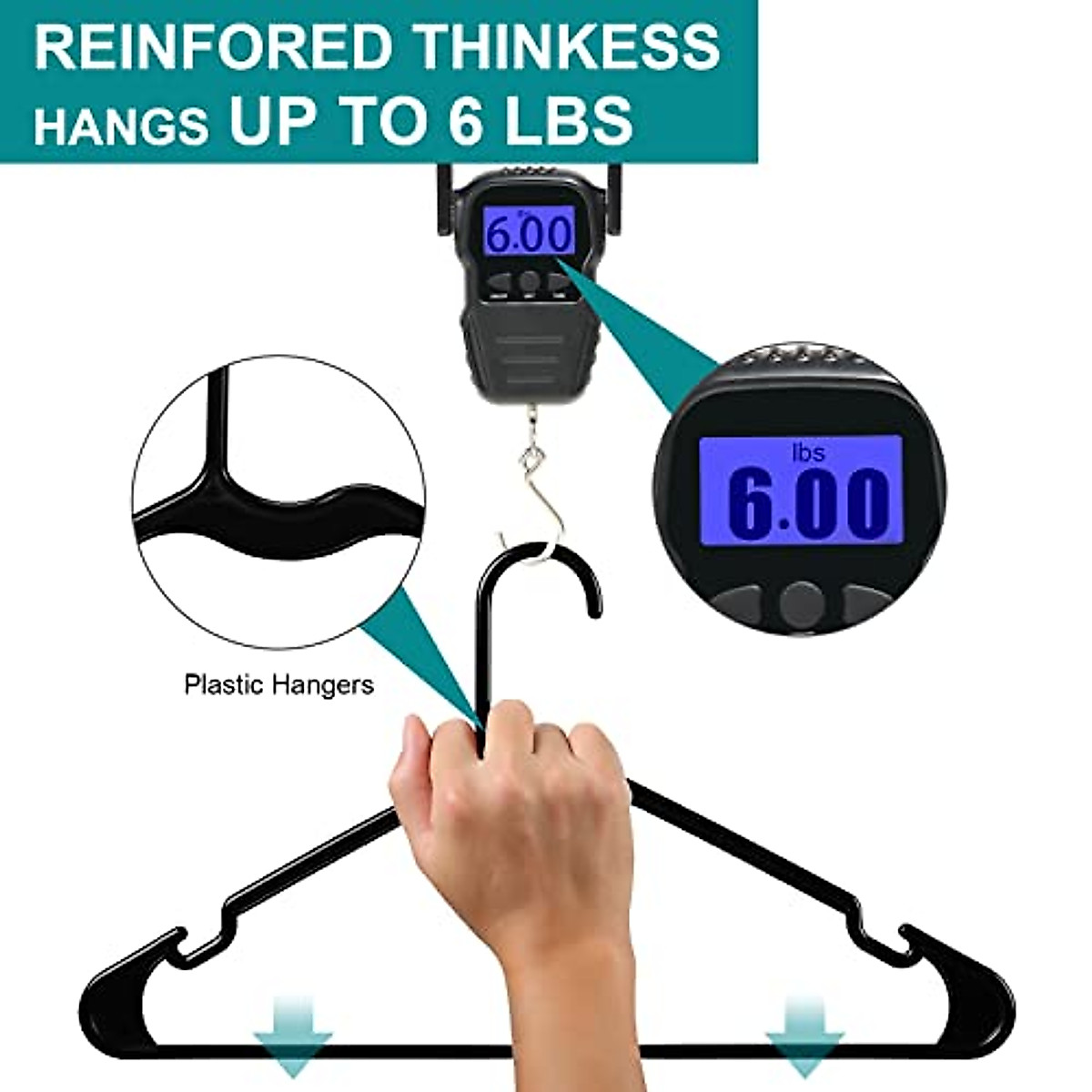 Micuul Plastic Clothing Notched Hangers (50 Pack) Heavy Duty Durable Coat and Clothes Hangers, Lightweight Space Saving Laundry Hangers Hangs up to 6 lbs for Coats, Pants, Dress, Etc. (Black, 50)