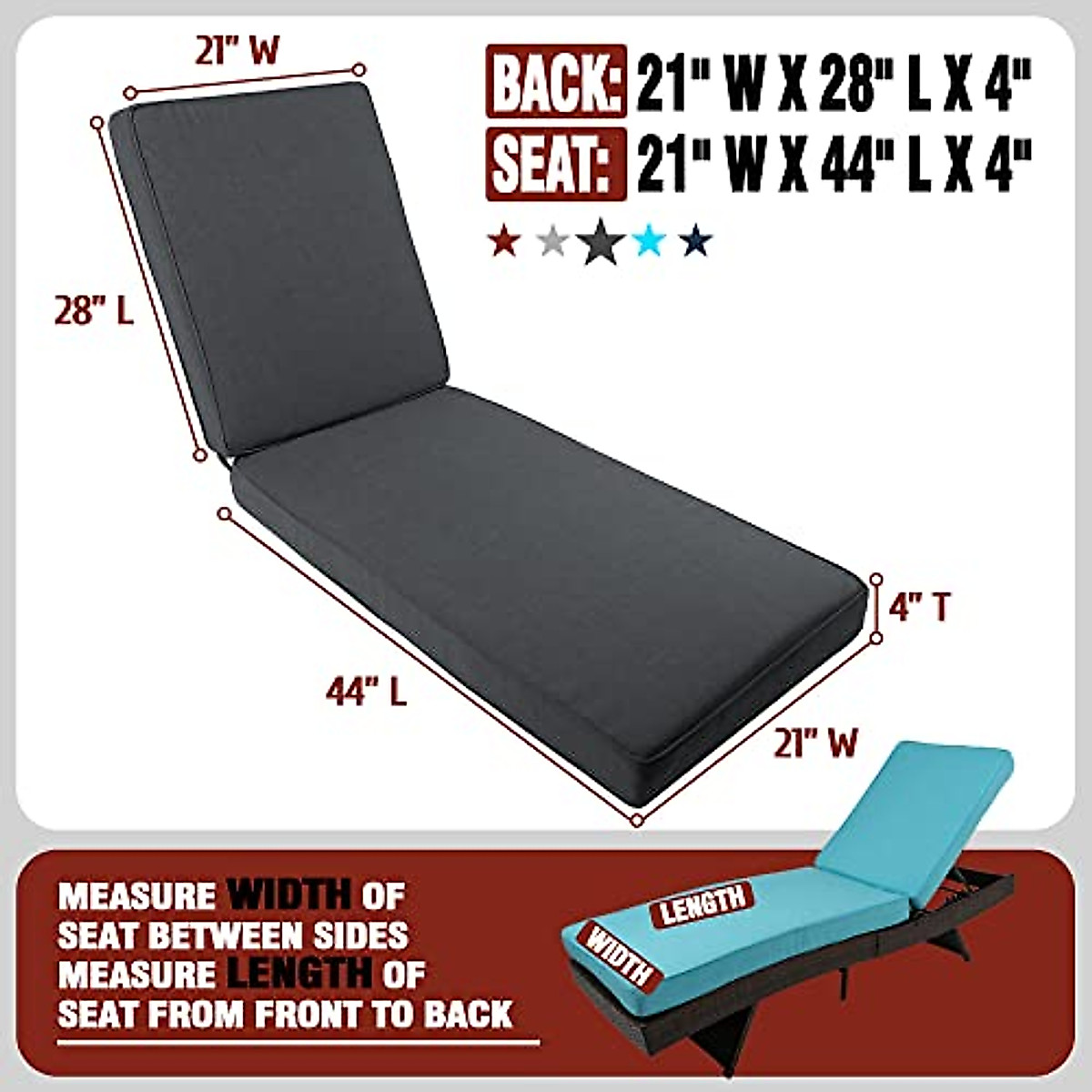 Sundale Outdoor Waterproof Olefin Chaise Lounge Cushions, Outdoor/Indoor Durable Thicken Pad with Straps, Perfect for Courtyard, Patio, Garden, Living Room (Dark Gray, 72" W x 21" D x 4" T)