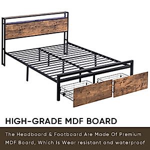 FTOPBTB Industrial Queen Size Bed Frame with Storage Headboard and 2 Drawers, LED Smart Bed Frame with Charging Station, Metal Platform Bed No Noise, Metal Slats Support, No Box Spring Needed (Queen)