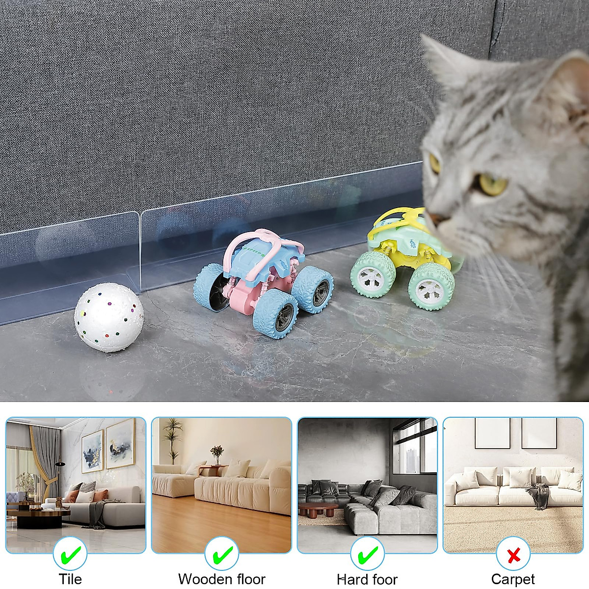 12 Pack Under Couch Blocker for Toys,Under Couch Bed Furniture Blocker Barrier Stopper for Pets Cats Dogs 16" L X 3.2" H Clear PVC Couch Guards with Strong Adhesive