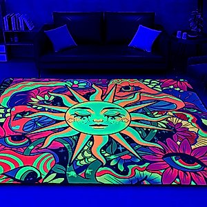 Mushroom Area Rugs - Funny Boho Sun Rug - Psychedelic Colorful Mushroom Rug Hippie Aesthetic Room Decor Carpet Glows Under Black Light Rooms Mat Rugs 60x40 Inch