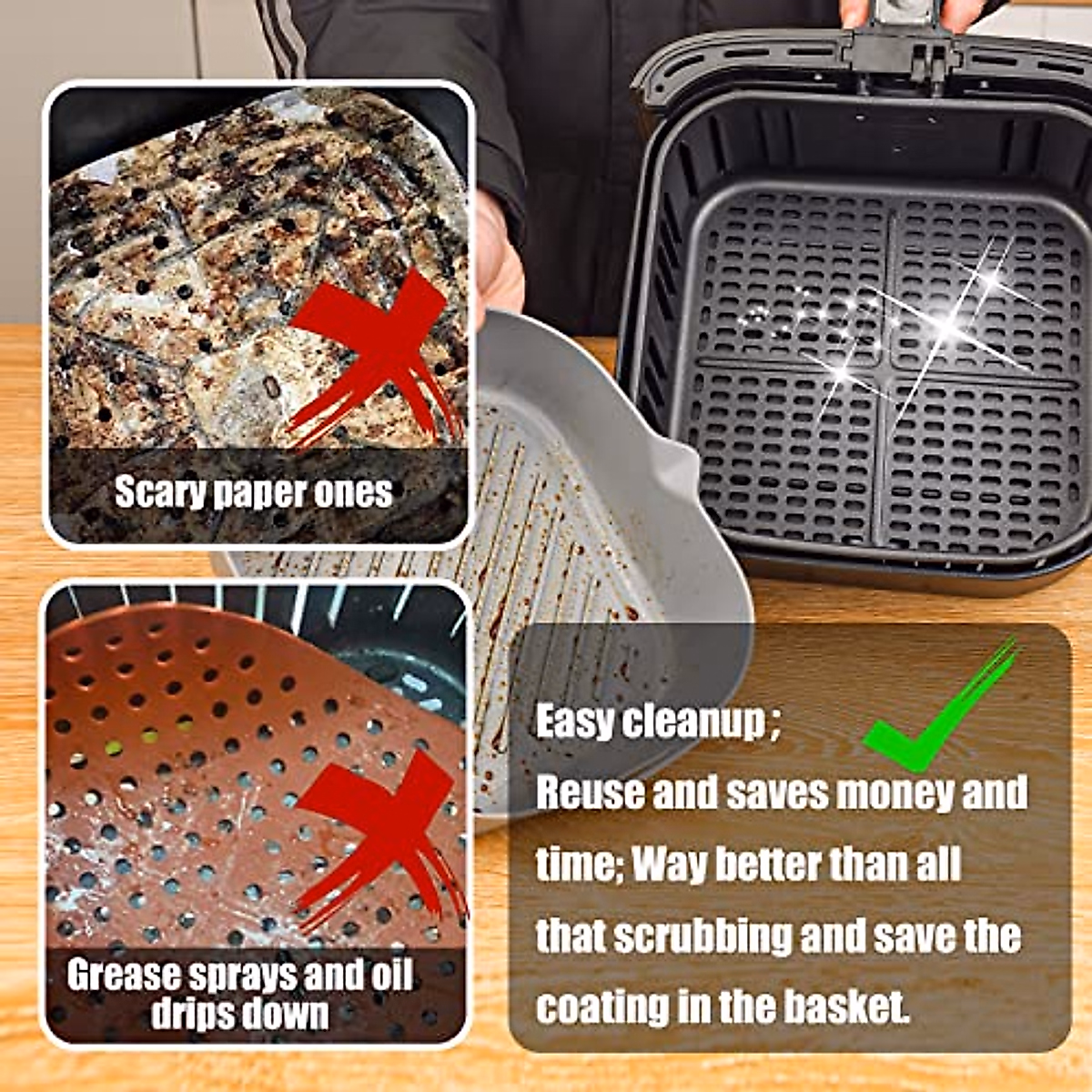 Golden Associate Silicone Liners Square 8.5 Inches 2 Pcs, for Air Fryer Basket, Non-stick Food-grade Reusable Silicone Pot Baking Tray