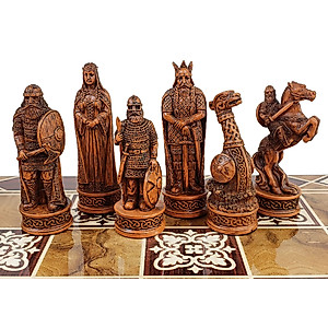 Antique Ivory & Brown Norse Viking Chess Set with 17" Burlwood Color Board