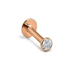 14k Rose Gold Threadless Push Pin Labret Nose Ring Stud 3/16" 5mm Post 3mm Bezel CZ 18G