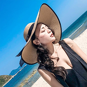 Women's Folable Floppy Hat,Wide Brim Sun Protection Straw Hat, Summer UV Protection Beach Cap(Beige)