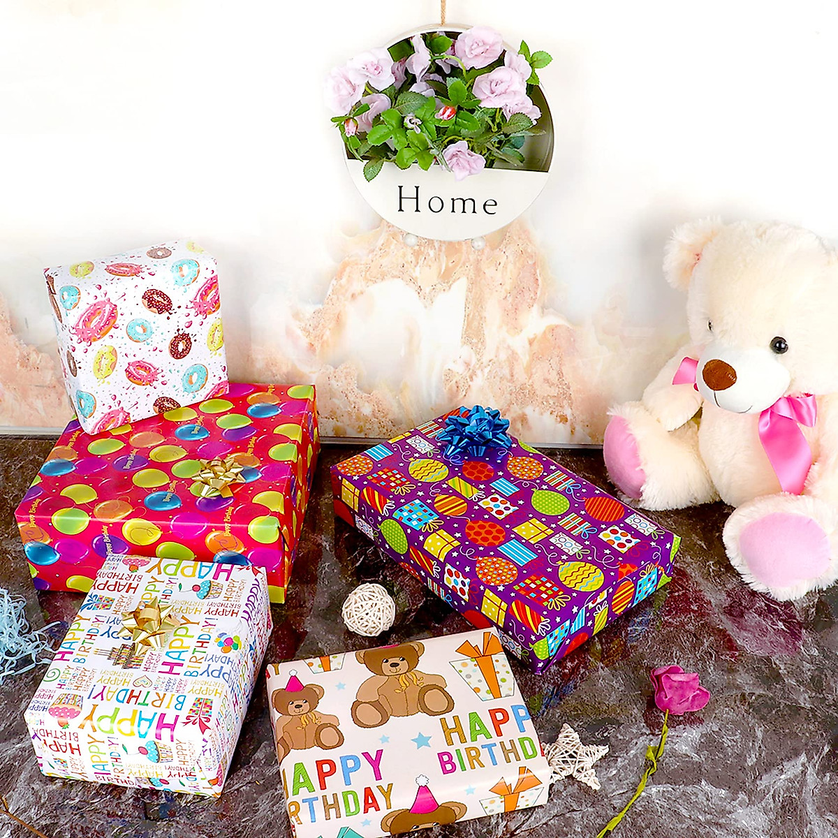 YZL Cartoon Gift Wrapping Paper Set Happy Birthday Gift Wrapping Papers, Cute Wrap Papers for Birthday, Baby Showers, 10 Folded Sheets with 5 Patterns, 20 x 29.5 inch Per Sheet