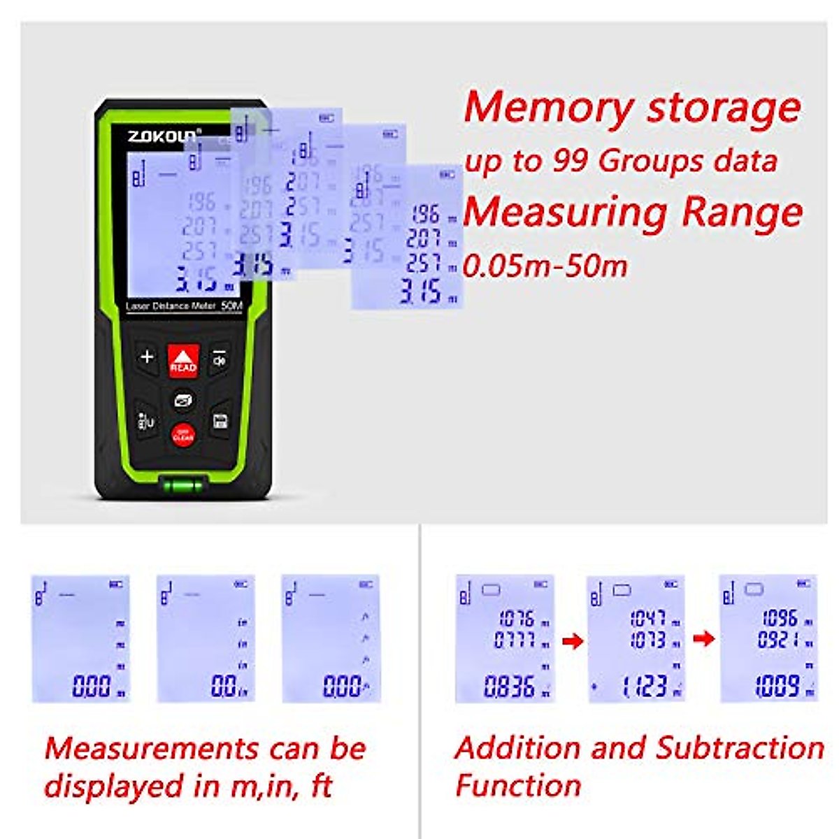 Zokoun Laser Distance Measure 165Ft, Backlit LCD, M/in/Ft with High Accuracy Pythagorean Mode, Measure Distance, Area and Volume, Record Storage 99 Data and Include 2 AAA Battery (CS50)