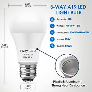 LED Light Bulbs, 𝟑 𝐖𝐚𝐲 𝐋𝐄𝐃 𝐋𝐢𝐠𝐡𝐭 𝐁𝐮𝐥𝐛𝐬 50 100 150W Equivalent, Briignite 3 Way Light Bulbs, Three Way A19 Light Bulbs E26 Medium Base, Daylight White 5000K, 500lm-1000lm-1500lm, 2Pack