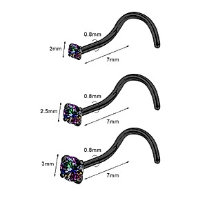 6ixGosh Nose Rings, 20g 6-Piece Set, Surgical Steel Nose Studs with CZ, L Shaped, Corkscrew Nose Ring Studs for Women & Men, 1.5mm-3mm, Silver, Rose Gold, Black