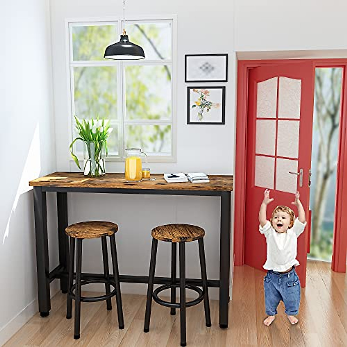 Hooseng Bar Table Set, 47" Pub Table High Table, Counter Dining Table with 2 Stools, 3 Piece Rectangle Kitchen Table Set Breakfast Bar Table for 2 Ideal for Kitchen, Living Room, Rustic Brown