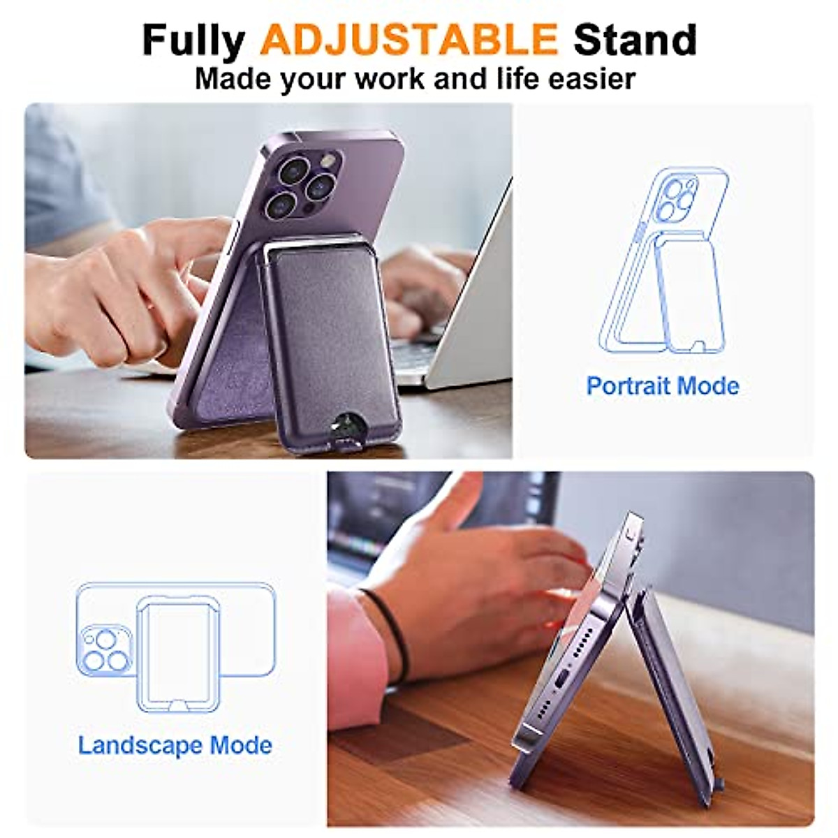 Qilmii Compatible MagSafe Wallet Stand for Apple, Skin Friendly Leather Card Slot with Adjustable Kickstand & Holder, Fit for iPhone 14/13/12 Series (Deep Purple)