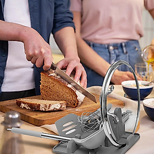 Cozihom Silicone Spoon Rest and Pot Lid Holder Stand for Kitchen Counter Top, Ladle/Spatula/Spoon/Tongs Holder, Food Grade Silicone, Heat Resistant, Anti-slip BPA-Free, Grey