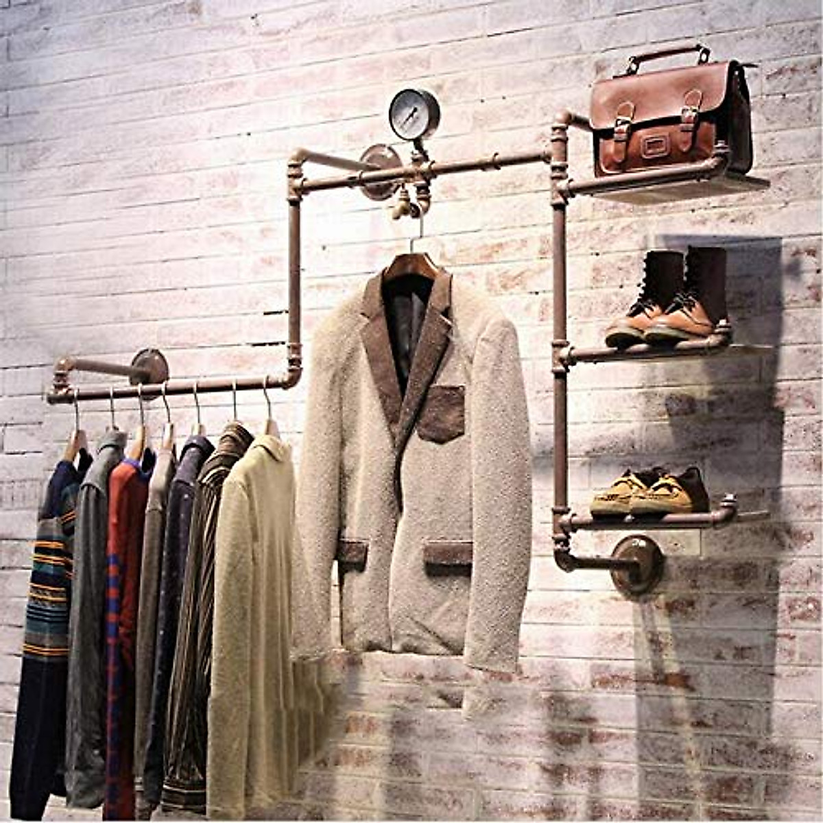 OTUGARE Industrial Vintage Iron Pipe Wall Mounted Clothing Rack Multi-function Garment Store Display Rack Shoes Bag Store Shelves Clothes Hanger（65”）