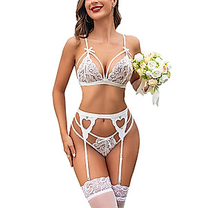 Aranmei Lingerie for Women 4 Piece Lingerie Set Lace Bow Front Garter Belt and Stockings Bra and Panty Sets Sexy Lace Bodydoll Lingerie (White XX-Large)