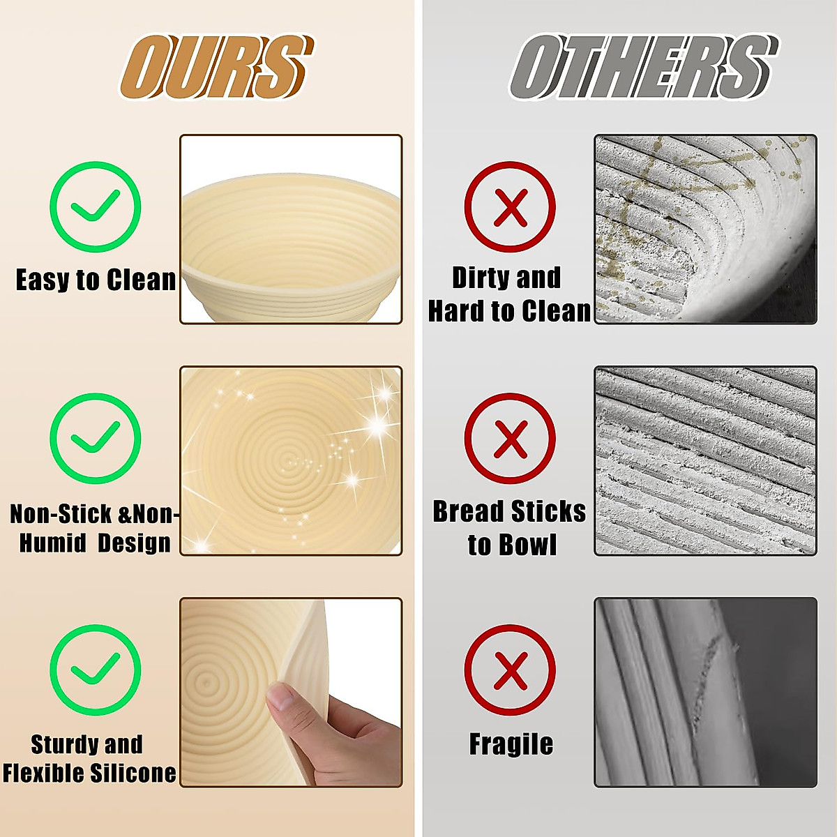 Silicone Banneton Bread Proofing Basket Set Of 2 -Sourdough Bread Baking Supplies, 9 Inch Round & 10 Inch Oval Foldable Bread Bowls, bread basket For Proofing Baskets With Essential Tools - Beige