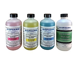pH Buffer Calibration Solution Kit 4-Pack — 250 mL (8.4 fl oz) Each: pH 4.00 Buffer, pH 7.00 Buffer, pH 10.00 Buffer, and Electrode Storage Solution — NIST Traceable Reference Standards