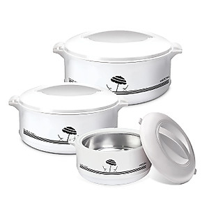 MILTON Treat 1000/1500/2500 Insulated Inner Stainless Steel Casserole 3 Pcs Set of 1/1.5/2.5 Ltr | BPA Free | Food Grade | Easy to Carry | Easy to Store | Pack of 3, White