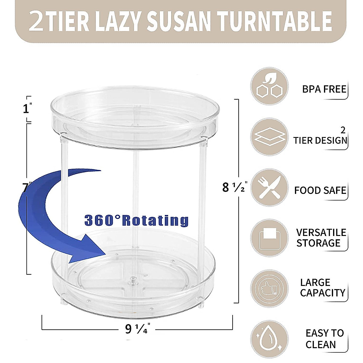 Amasses 2 Tier Clear Lazy Susan Organizer, 360 Degree Rotating Round Lazy Susan Turntable 9" Non-Skid Rotating Organization Storage Container for Kitchen, Cabinet, Pantry