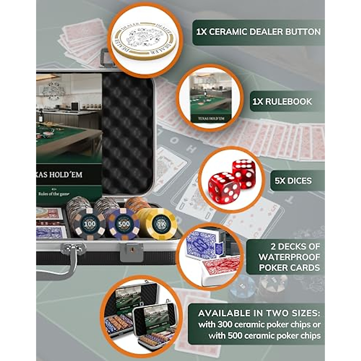 Bullets Playing Cards Poker Sets with Case - Versatile Denominations for Poker, Blackjack, & Casino Games - Durable & Complete Set - Poker Case with 300 Ceramic Poker Chips 'Richie' with Values