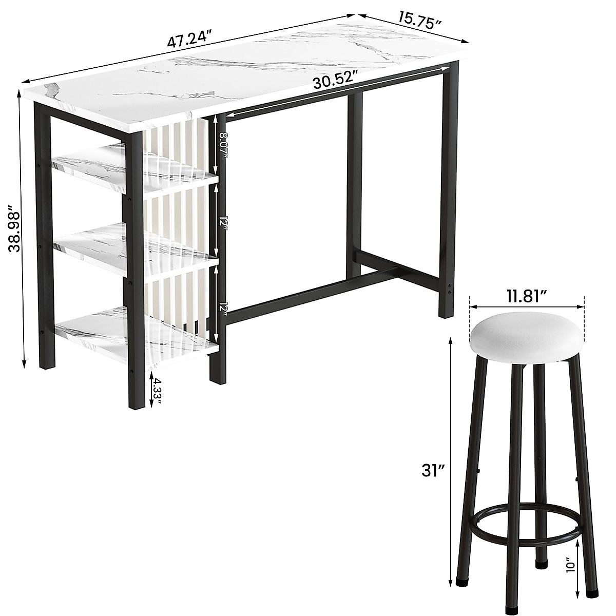 AWQM Home Bar Table Set of 2, 47" White Faux Marble Dining Set with Storage Shelves and Upholstered Leather Bar Height Stools, 3-Piece Kitchen Table for 2 People, Space Saving Table (White & Black)