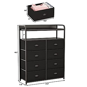 Furologee Black Vertical 4 Drawer Dresser Organizer with 3-Tiers Wood Shelf and Dresser 8 Drawers with Double Shelf Storage Organizer Unit for Bedroom/Living Room/Entryway