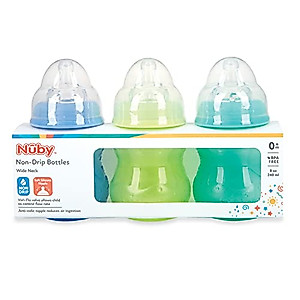 Nuby 3 Pack Non-Drip Wide Neck 8oz Vari-Flow Bottles, Soft Silicone Nipples, BPA Free, 0+M, Blue, Green, Aqua