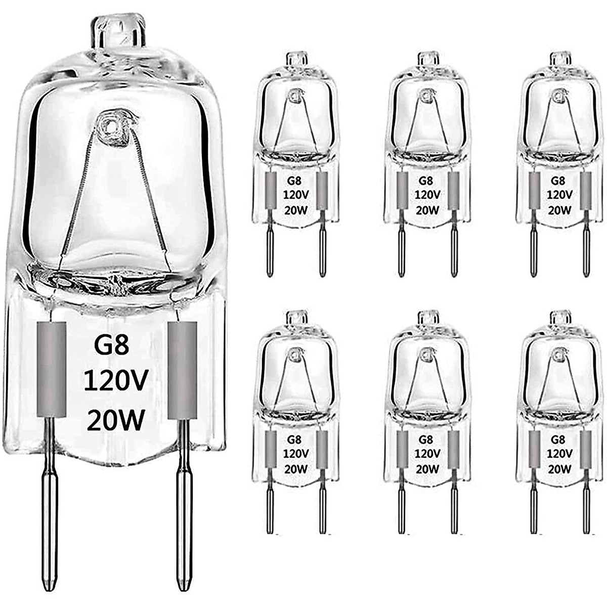 G8 Halogen Light Bulbs 20Watt 120Volt Halogen Bulbs Dimmable 2 Pin Xenon Bulb Warm White 2700K T4 JCD Type G8 Base Bi-Pin Shorter 1-3/8" (1.38") Length Under Cabinet Puck Lighting Replacements, 6Pack
