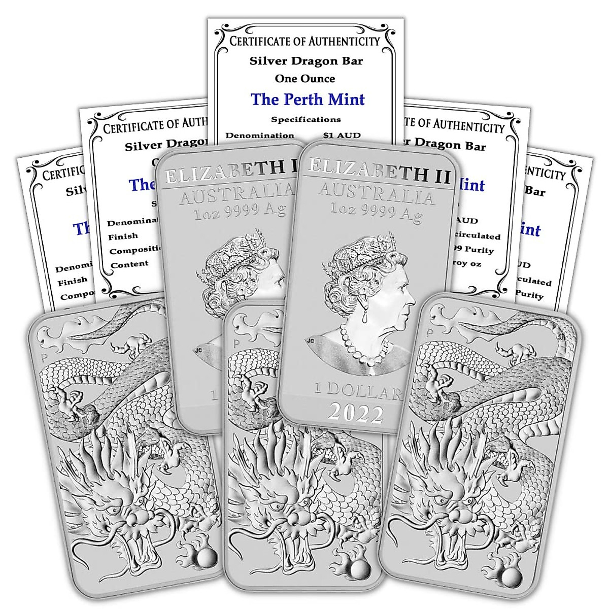 2022 P AU Lot of (5) 1 oz Australian Silver Dragon Rectangular Bar Coins Brilliant Uncirculated (BU) with Certificates of Authenticity $1 Mint State