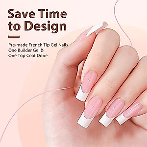 BTArtboxnails French Gel Nail Tips -150Pcs French Tip Press on Nails Pink Long Square 3 in 1 X-coat Tips Pre-applied Tip Primer & Base Coat, No Need to File Fake Nails for Nail Art DIY 15 Sizes