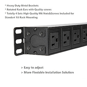 KUEEN 19" 1U Rack Mount PDU Power Strips,Server Rack Power Distribution Unit, 8 Power outlets,16AWG SJT 6.6ft Cord,1U/15A/125V, Aluminum Alloy with Surge Protector and Circuit Breaker on/Off Switch