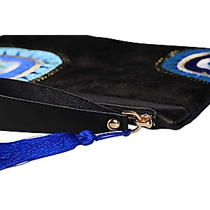 KarensLine Handmade Evil Eye Embroidered Black Velvet Clutch Bag Sunny Beach Summer Style, Medium