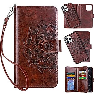 Vofolen for iPhone 12 Pro Max Case Credit Card Holder Wallet Cover 2-in-1 Slot Women Girl Detachable Strap Protective Slim Hard Shell Magnetic Leather Folio Pocket Flip Case Mandala Brown