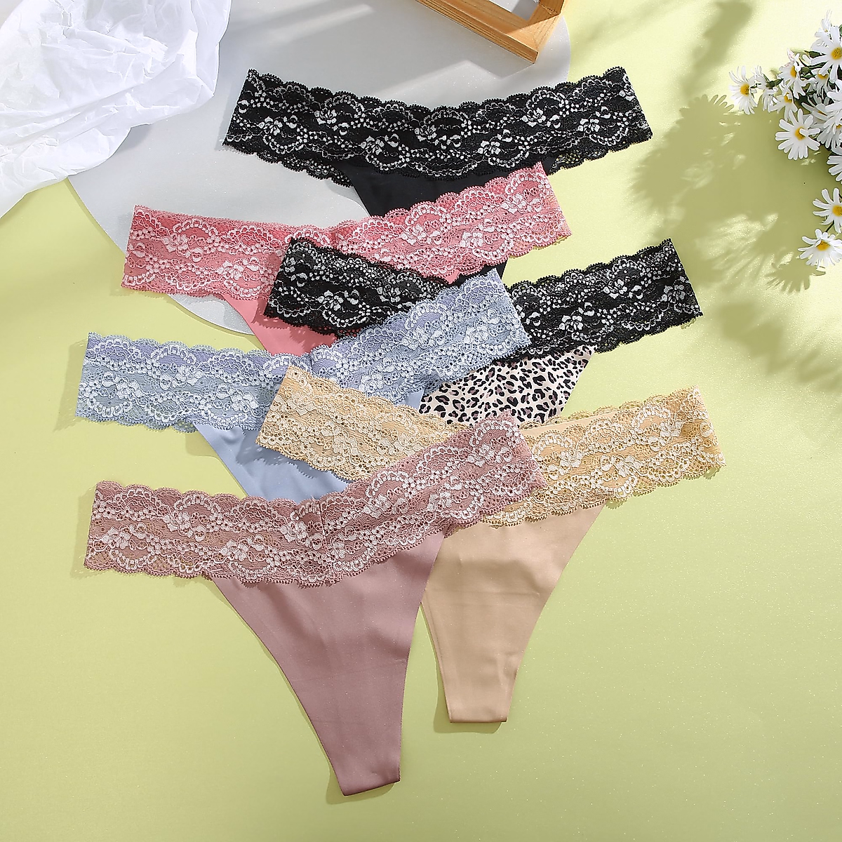 ALL OF ME Sexy Thongs for Women Seamless Underwear V-shape Lace Waistband T-back Tangas for Ladies 6 Pack S-XL