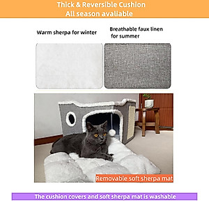 Heerduos Cat Bed for Indoor Cats,Covered Cat Cave House & Furniture with Scratch Pad,Foldable Cat Hideaway Hut Cute Cat Condo with Soft Washable Mat for Multi Small Pet Under 30 lbs,Light Grey